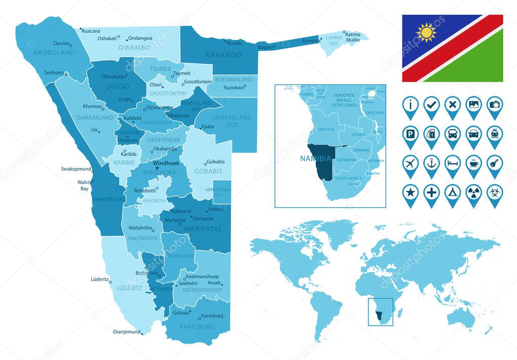 Namibia mapa azul administrativo detallado con bandera del país y ...