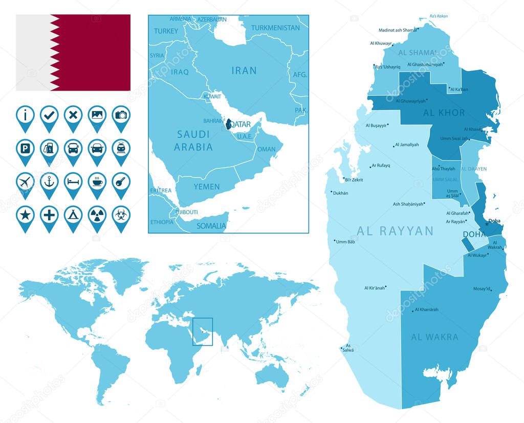 Qatar mapa azul administrativo detallado con bandera del país y ...