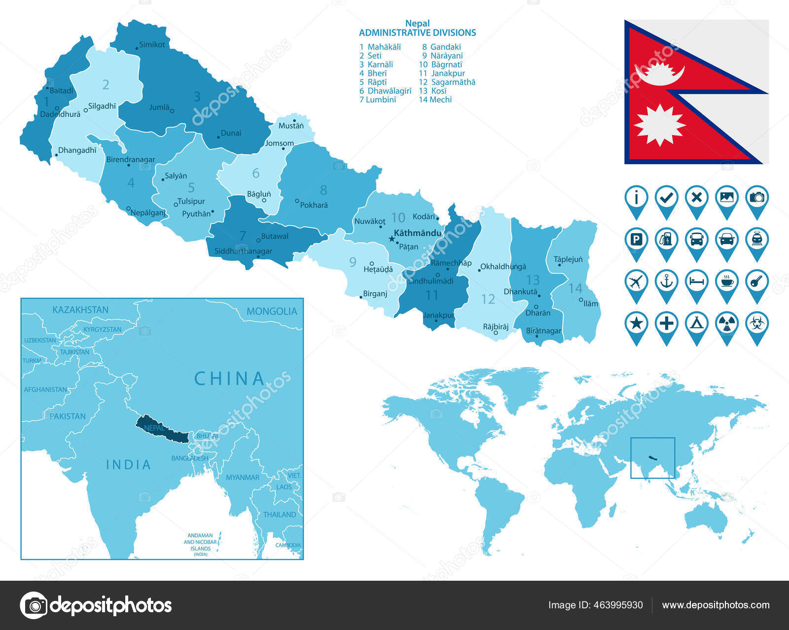 Nepal mapa azul administrativo detallado con bandera del país y ...