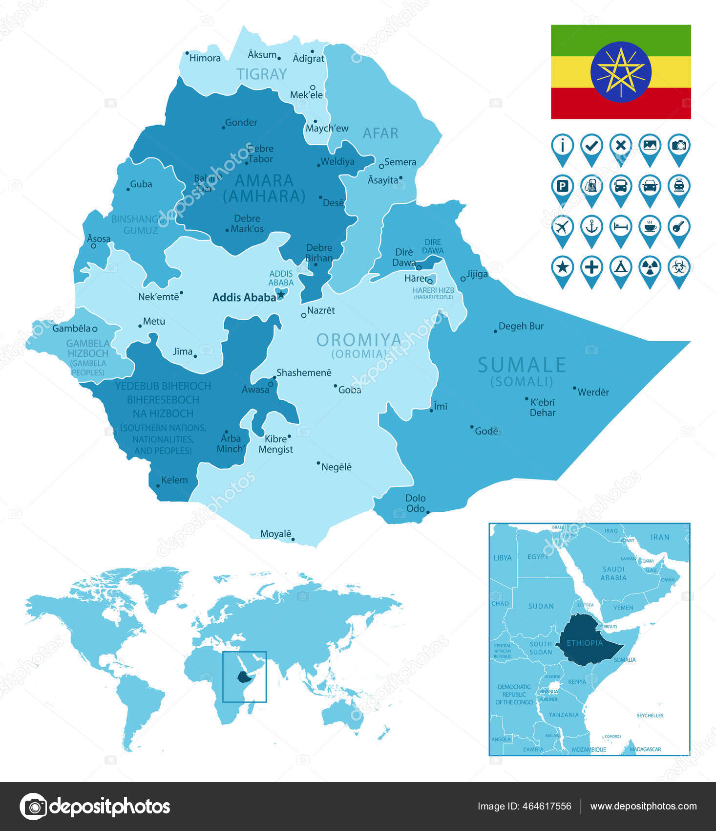 Etiopía Mapa Azul Administrativo Detallado Con Bandera Del País ...