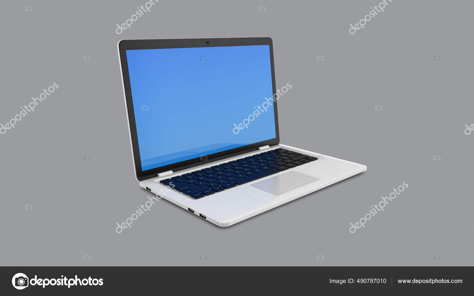 Modern Laptop Blue Screen Grey Background Rendering — Stock Photo ...