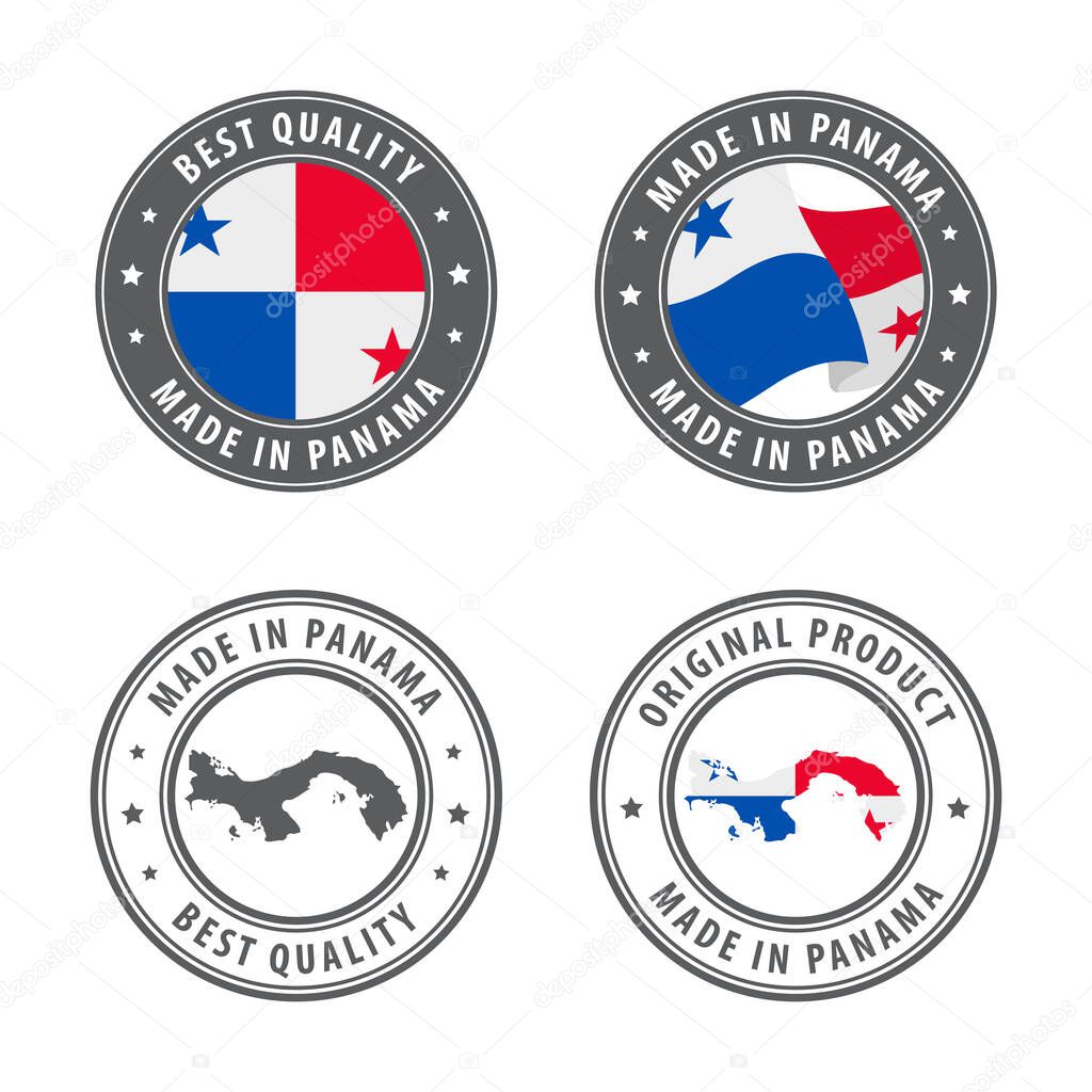 Hecho en Panamá - conjunto de etiquetas, sellos, insignias, con el mapa ...
