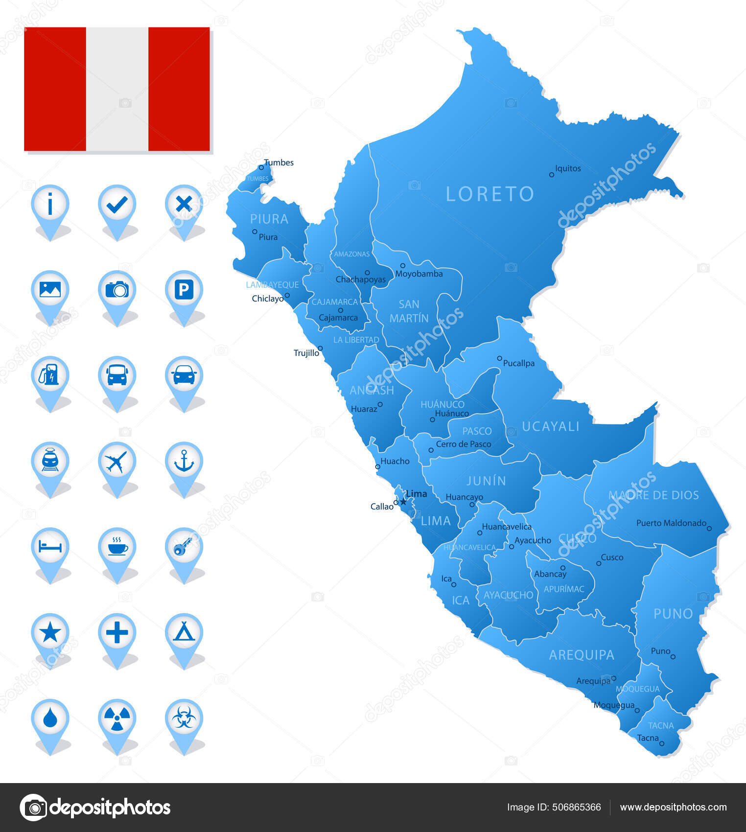 Blue Map Peru Administrative Divisions Travel Infographic Icons Vector Illustration Stock Vector ...
