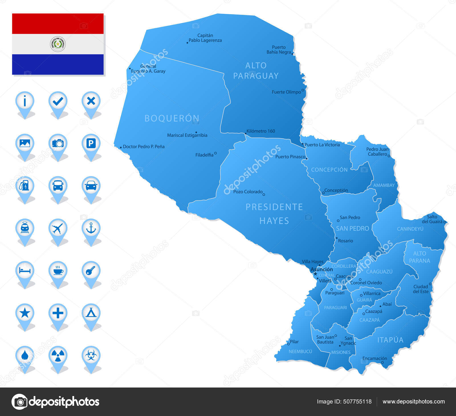 Blue Map Paraguay Administrative Divisions Travel Infographic Icons Vector Illustration Stock ...