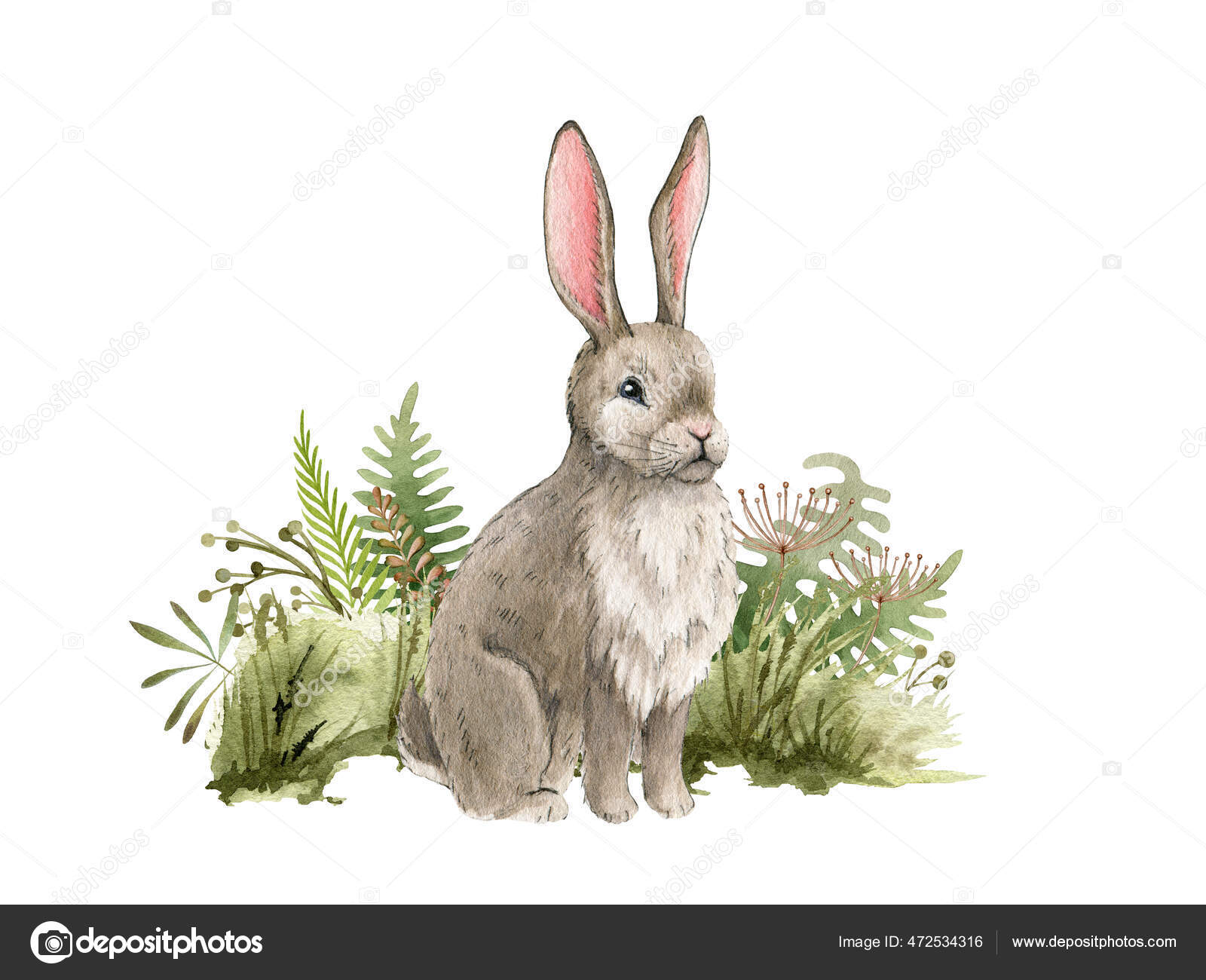 Bunny in the grass. Watercolor illustration. Cute bunny sit in the ...