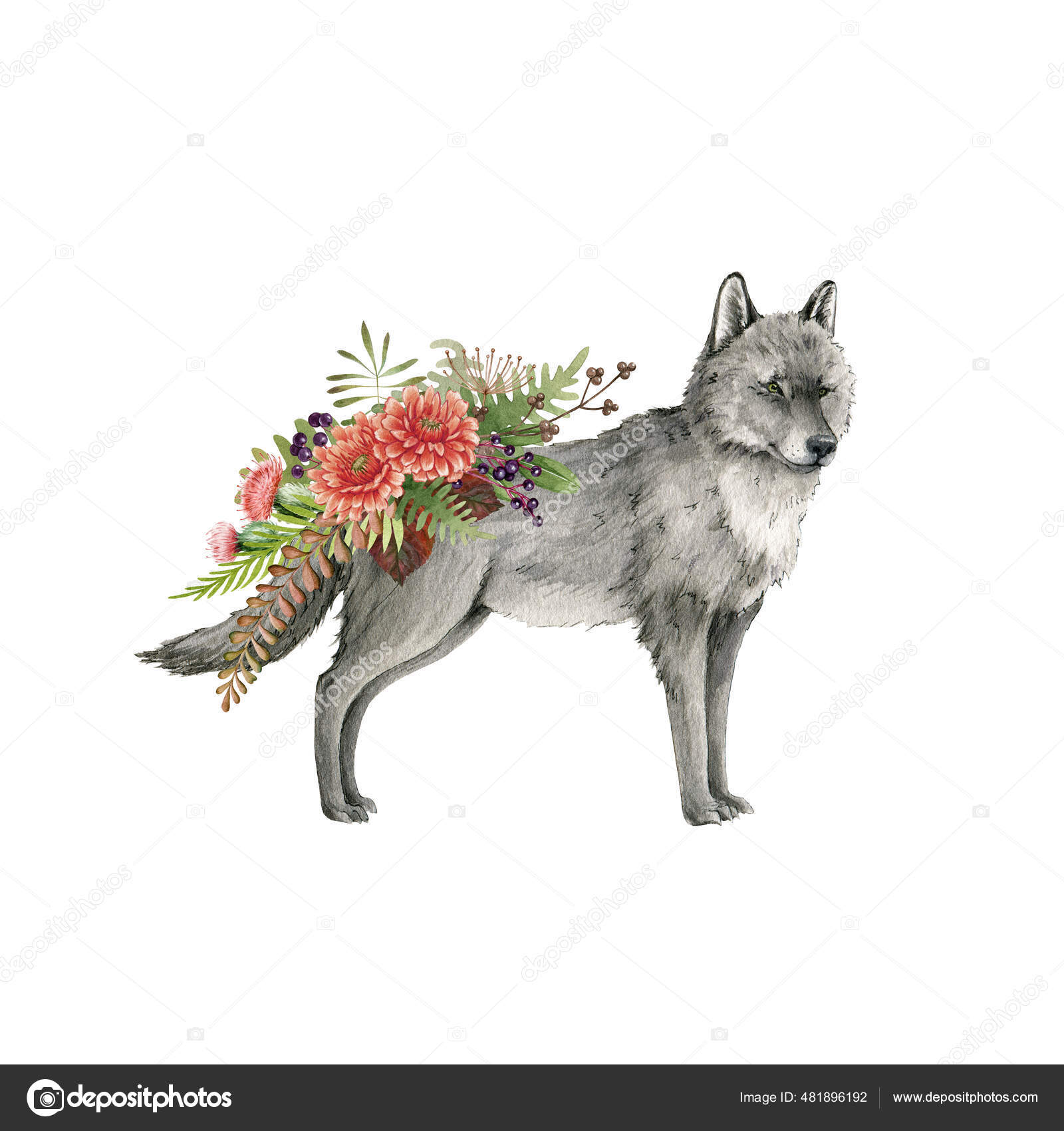 Wolf animal with autumn forest flowers. Watercolor illustration. Wild ...
