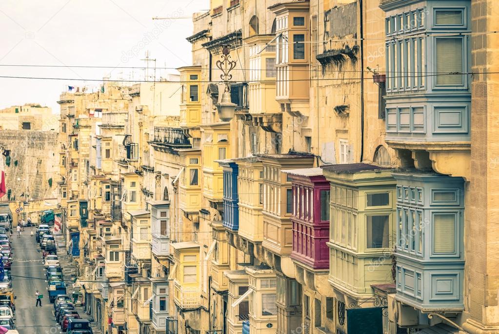 Typical buildings and balconies in La Valletta capital of mediterranean ...