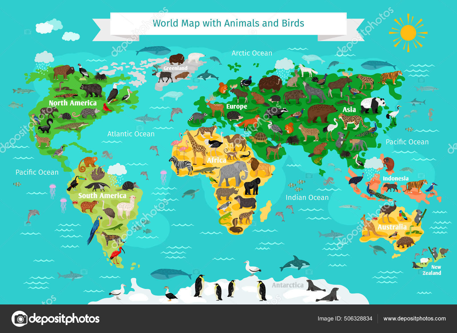 World Map with wild Animals and Birds vector set Stock Vector by ...