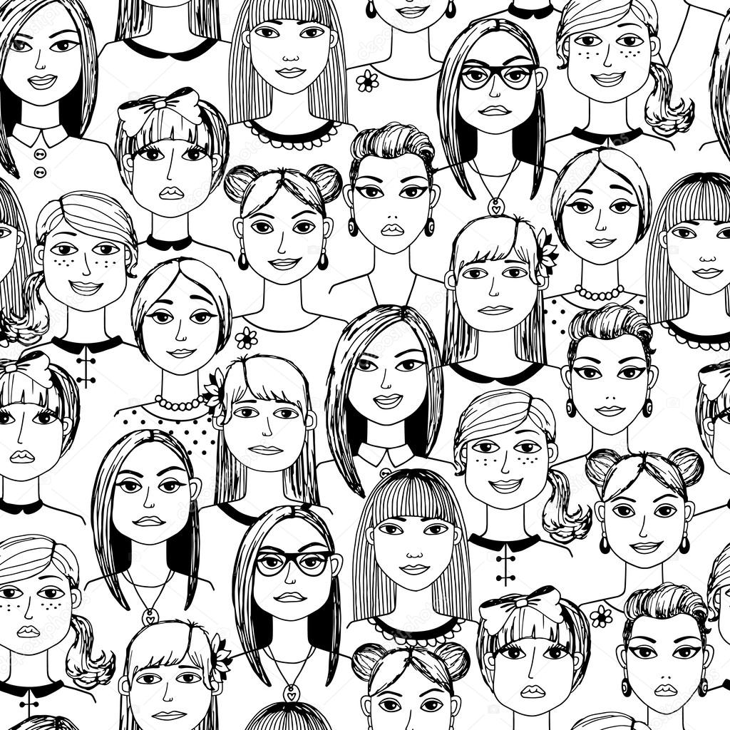 Cartoon faces crowd doodle hand-drawn seamless pattern Stock Vector ...