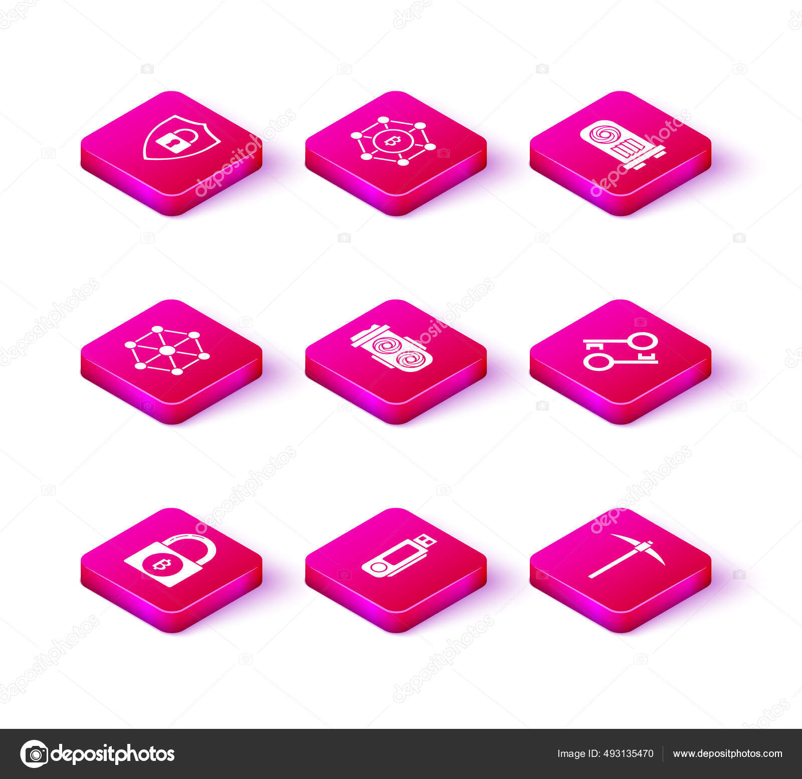 Set Lock with bitcoin, USB flash drive, Blockchain technology, Mining farm, Pickaxe ...