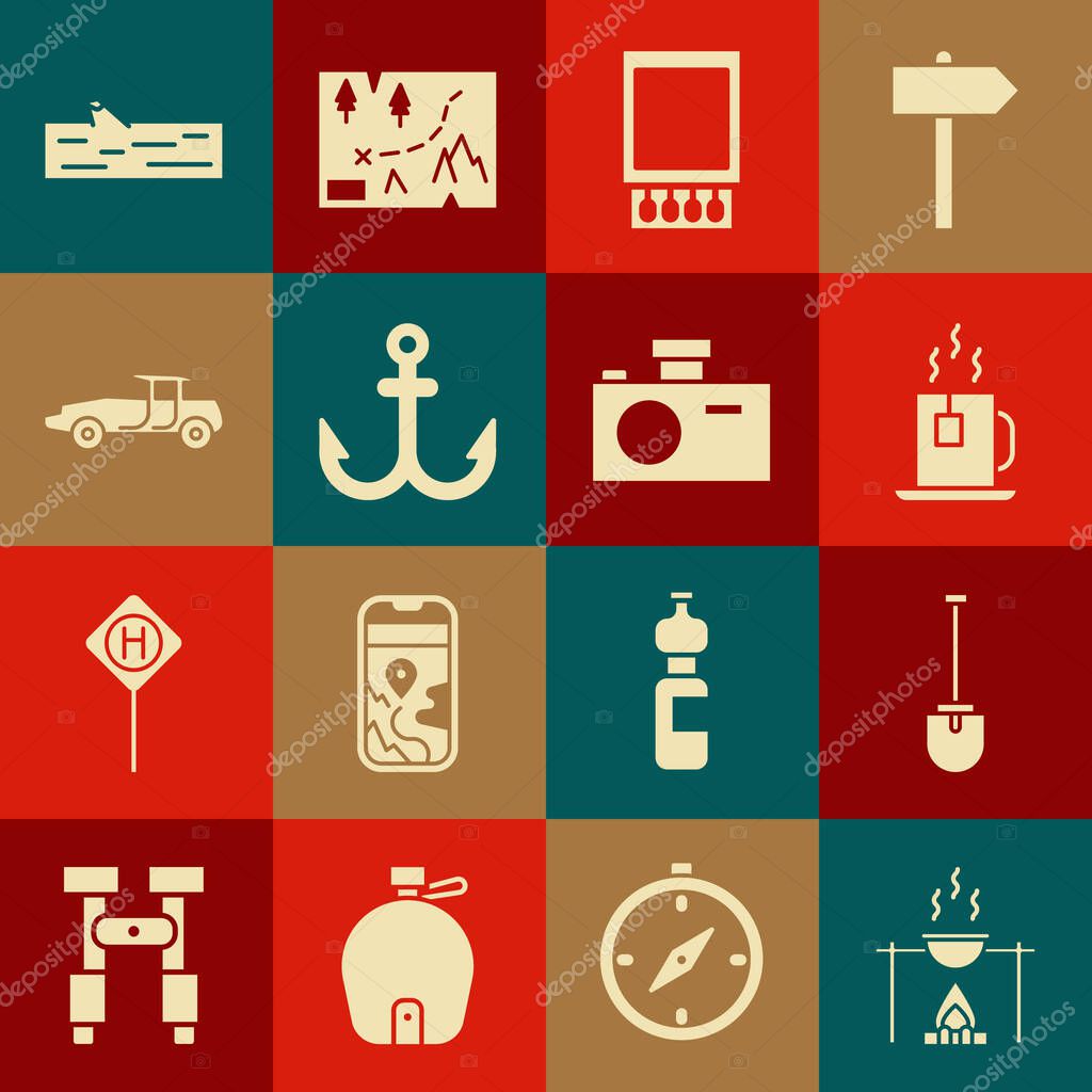 Set fogata y maceta, pala, taza de t con bolsa de t , f sforos abiertos, ancla, coche, registro ...