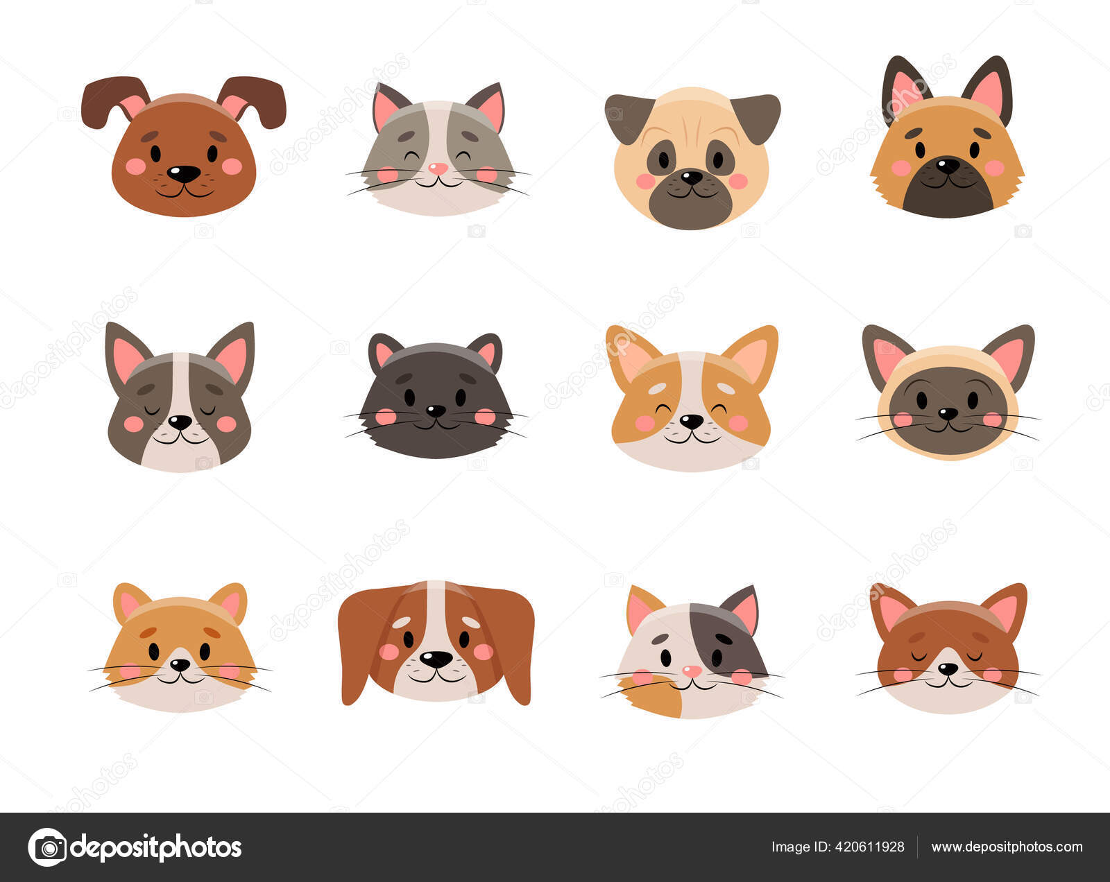 Cute pets face collection, isolated on white background Stock ...