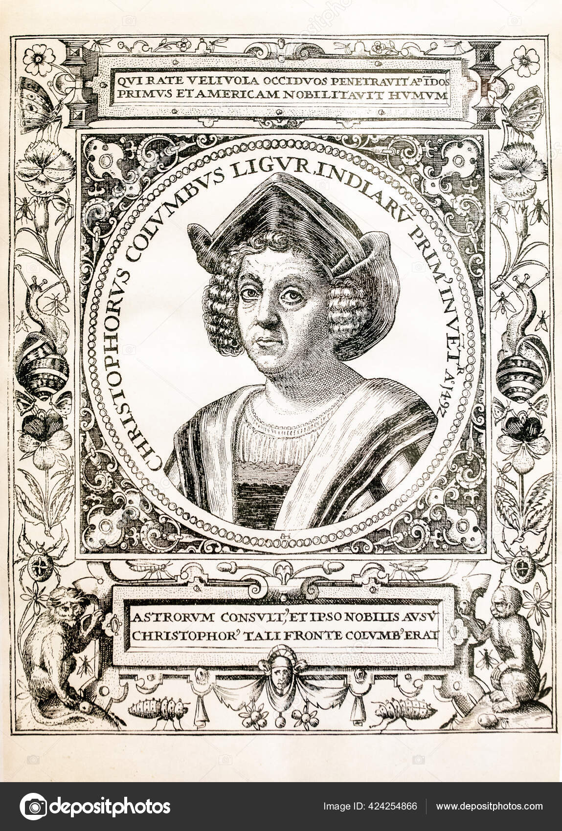 Christopher Columbus Portrait 16Th Century Theodor Bry Drawing Stock ...