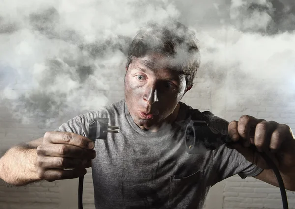 untrained man cable suffering electrical accident with dirty burnt face ...