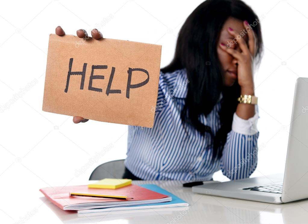 Black African American ethnicity frustrated woman working in stress at ...