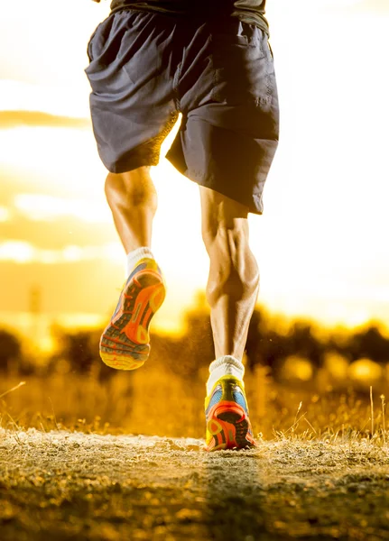 young man strong legs off trail running at amazing summer sunset in ...