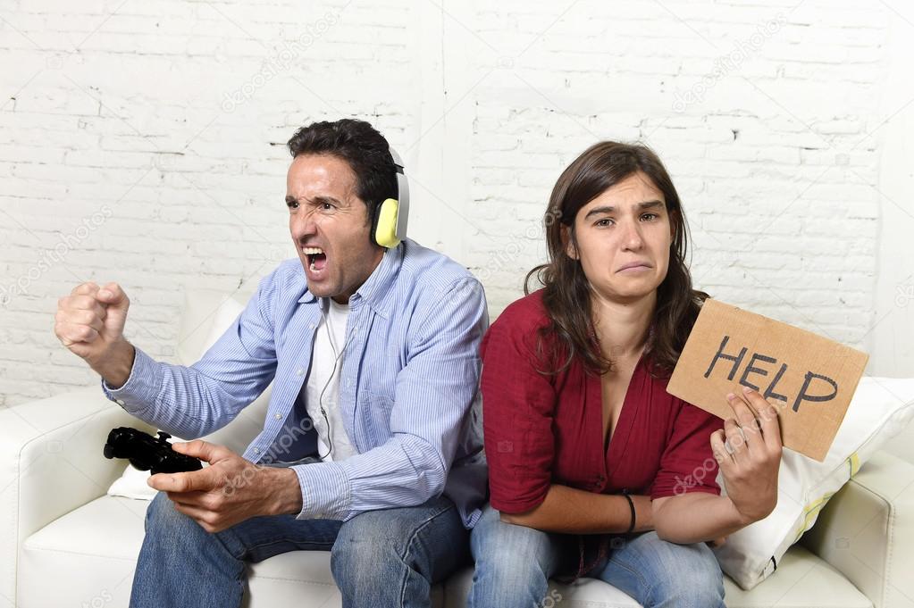 Woman asking for help angry upset while husband or boyfriend plays ...