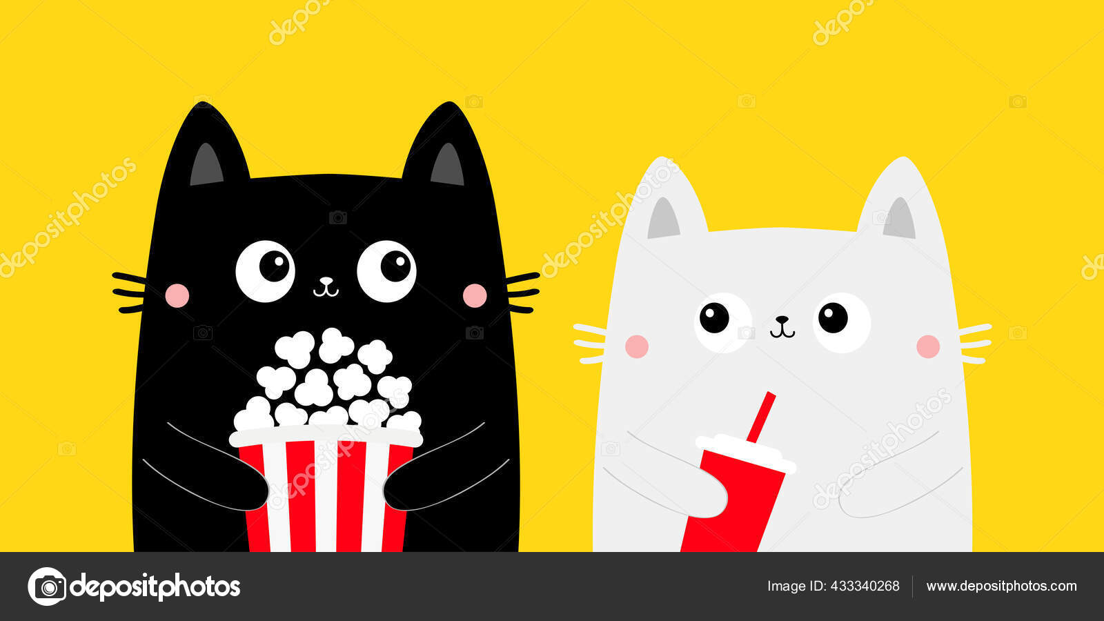 Cat Set Popcorn Fsoda Glass Cute Cartoon Funny Character Black Stock ...