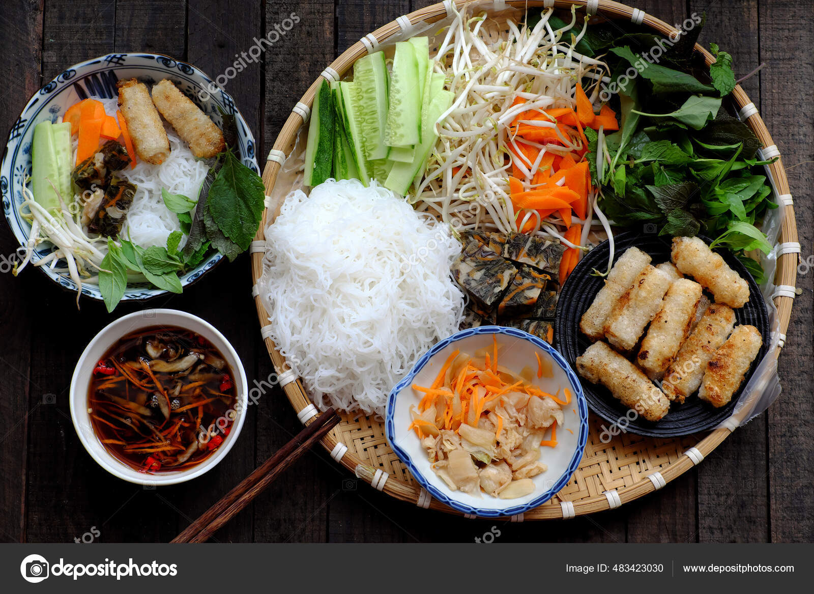 Top View Tray Vietnamese Eating Vegan Food Rice Noodle Fried Stock ...