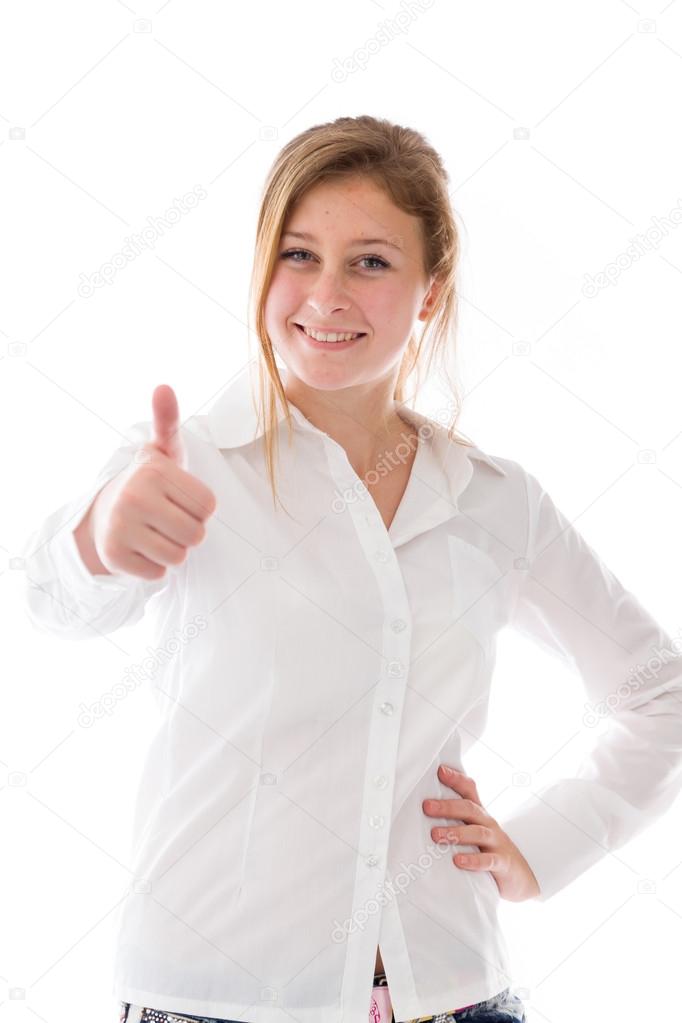 Model gesturing thumb up sign — Stock Photo © Bruno135 #56364075