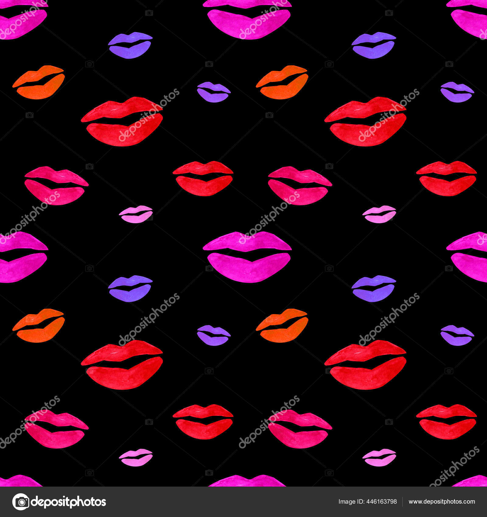 Seamless Pattern Watercolor Drawings Hand Drawn Kisses Black Background ...