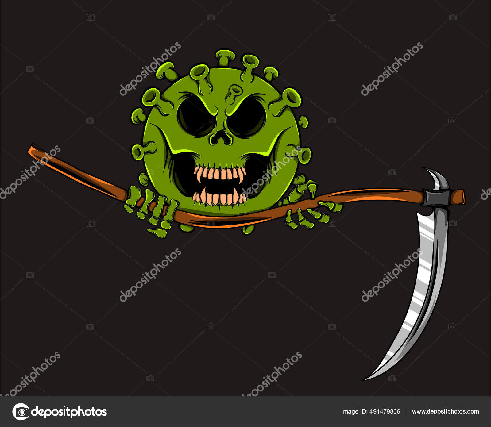 Green Virus Holding Scythe Scary Face Illustration Stock Vector by ...