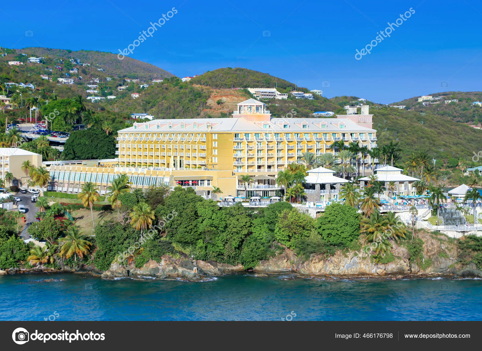 Saint Thomas Island and Charlotte Amalie bay panoramic view at sunset a ...