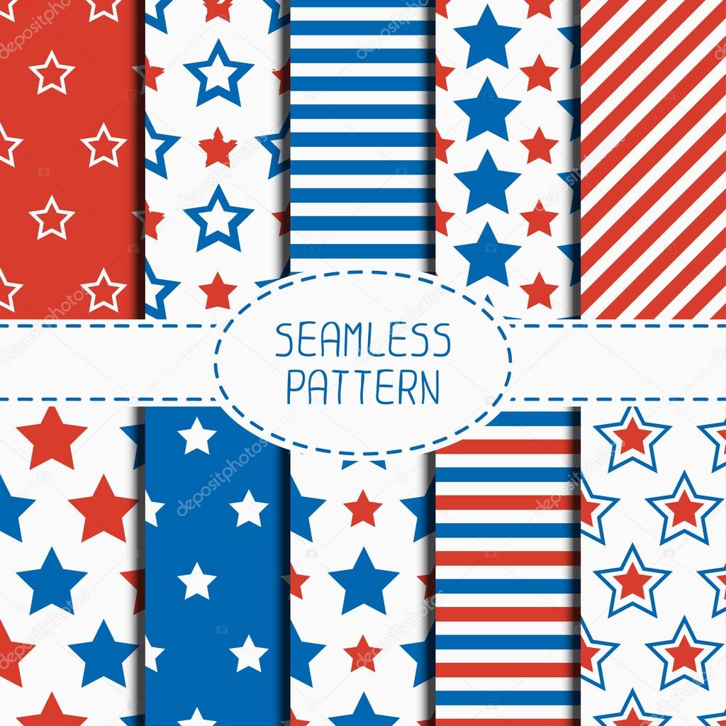 Set of geometric patriotic seamless pattern with red, white, blue stars ...
