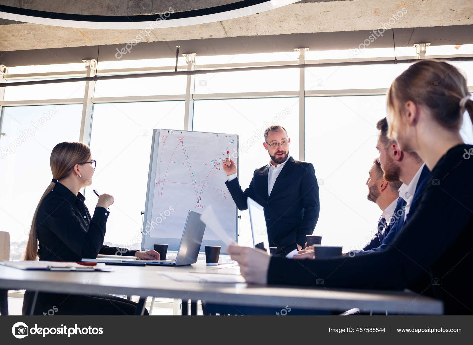 Boss Stands Board Graphs Demonstrates Statistics Various Personnel ...
