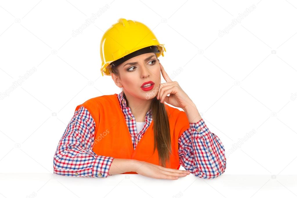 Woman Construction Worker Thinking — Stock Photo © studioloco #102985314 Woman Construction Worker Thinking — Stock Photo © studioloco #102985314