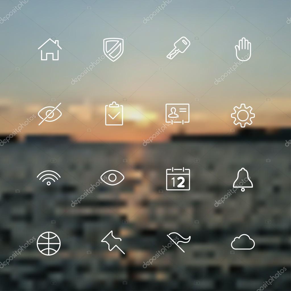 Collection of simple line modern icons for mobile interface on blurred ...