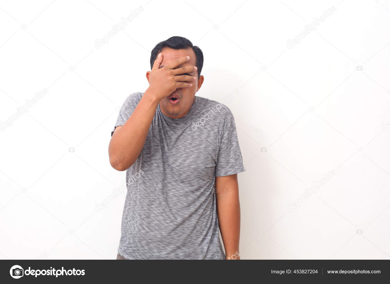 Portrait Scared Asian Man Closing Face Hand Standing Isolated White ...