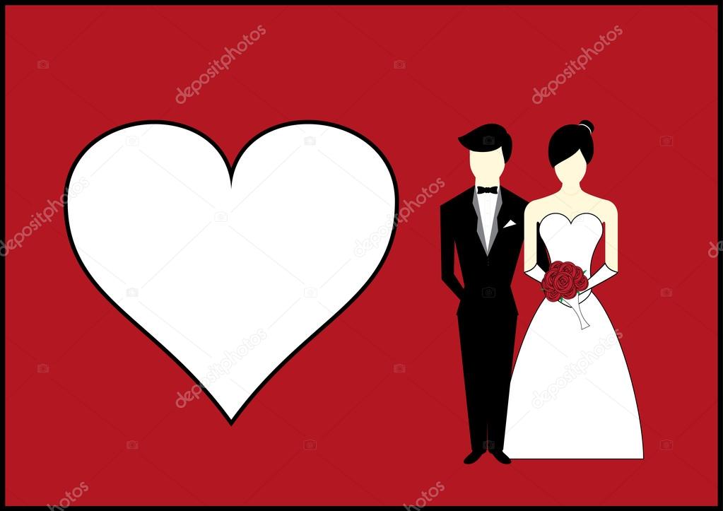 Bride and groom with heart on red background vector illustration Stock ...