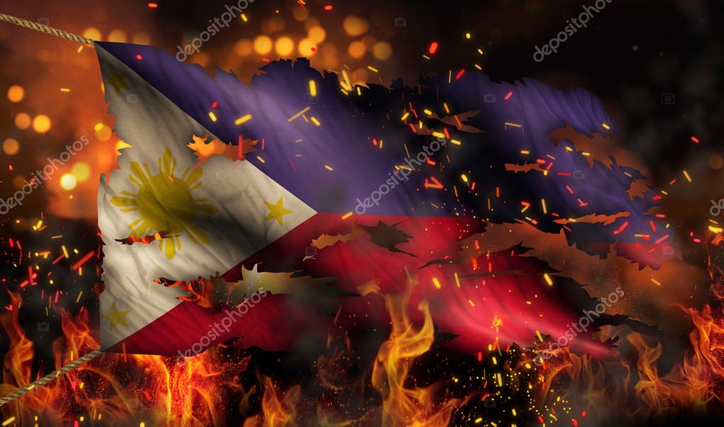 Philippines Burning Fire Flag War Conflict Night 3D — Stock Photo ...