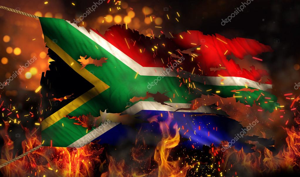 South Africa Burning Fire Flag War Conflict Night 3D — Stock Photo ...