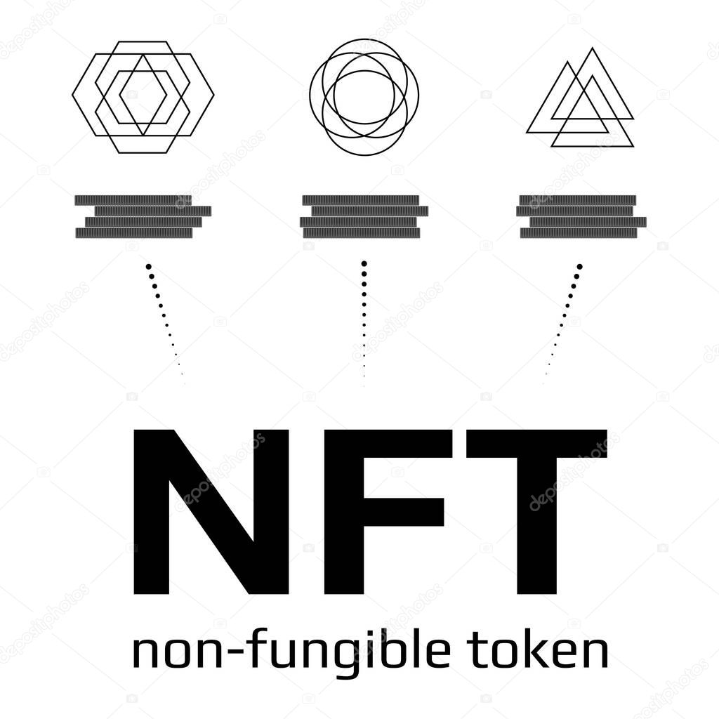 NFT tokens no fungibles infografías aisladas en blanco. Paga por objetos de colección únicos en ...