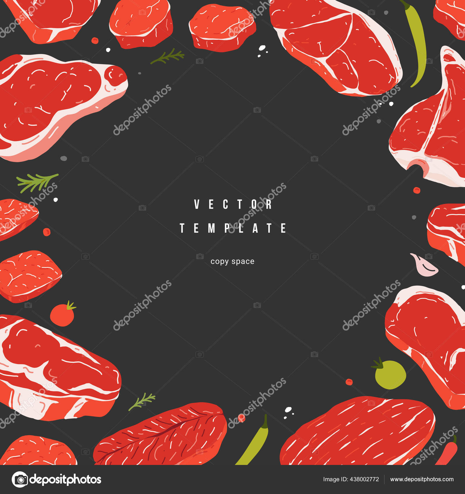 Steak illustration, vector frame border, template for menu for ...