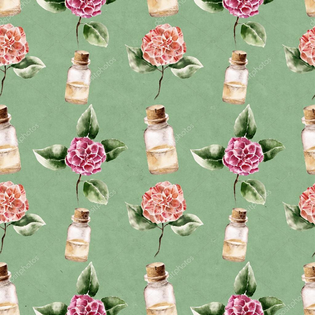 Seamless pattern with сamellia flower and perfume bottle Stock Photo by ...