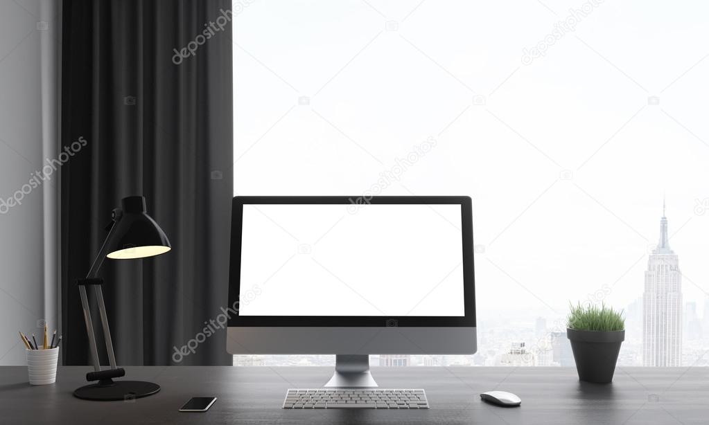 Workplace with modern computer and big window Stock Photo by ...