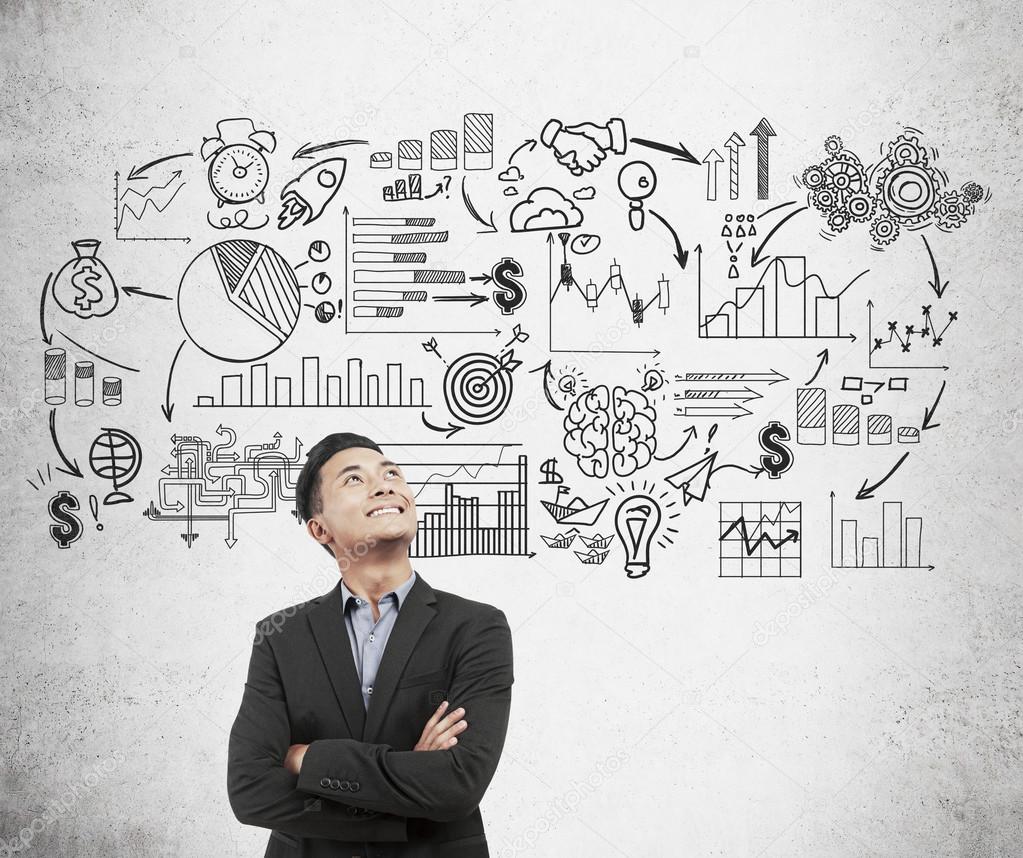 Black and white startup sketch and Asian man — Stock Photo ...