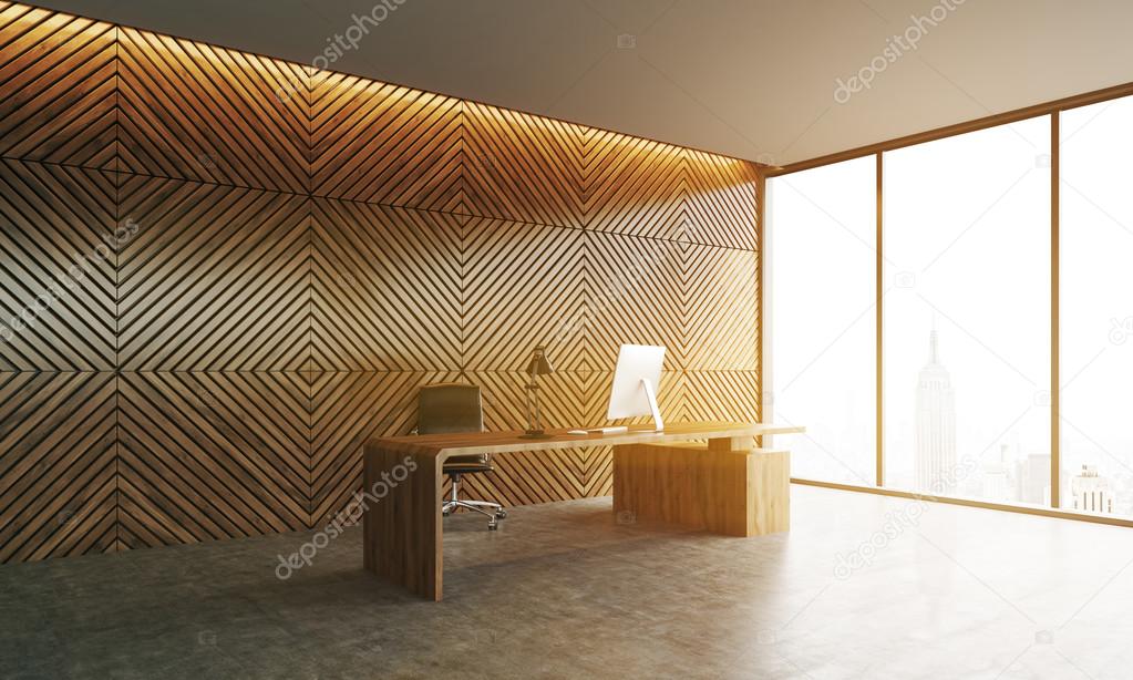 Modern working place with concrete floor, wooden wall and panoramic ...
