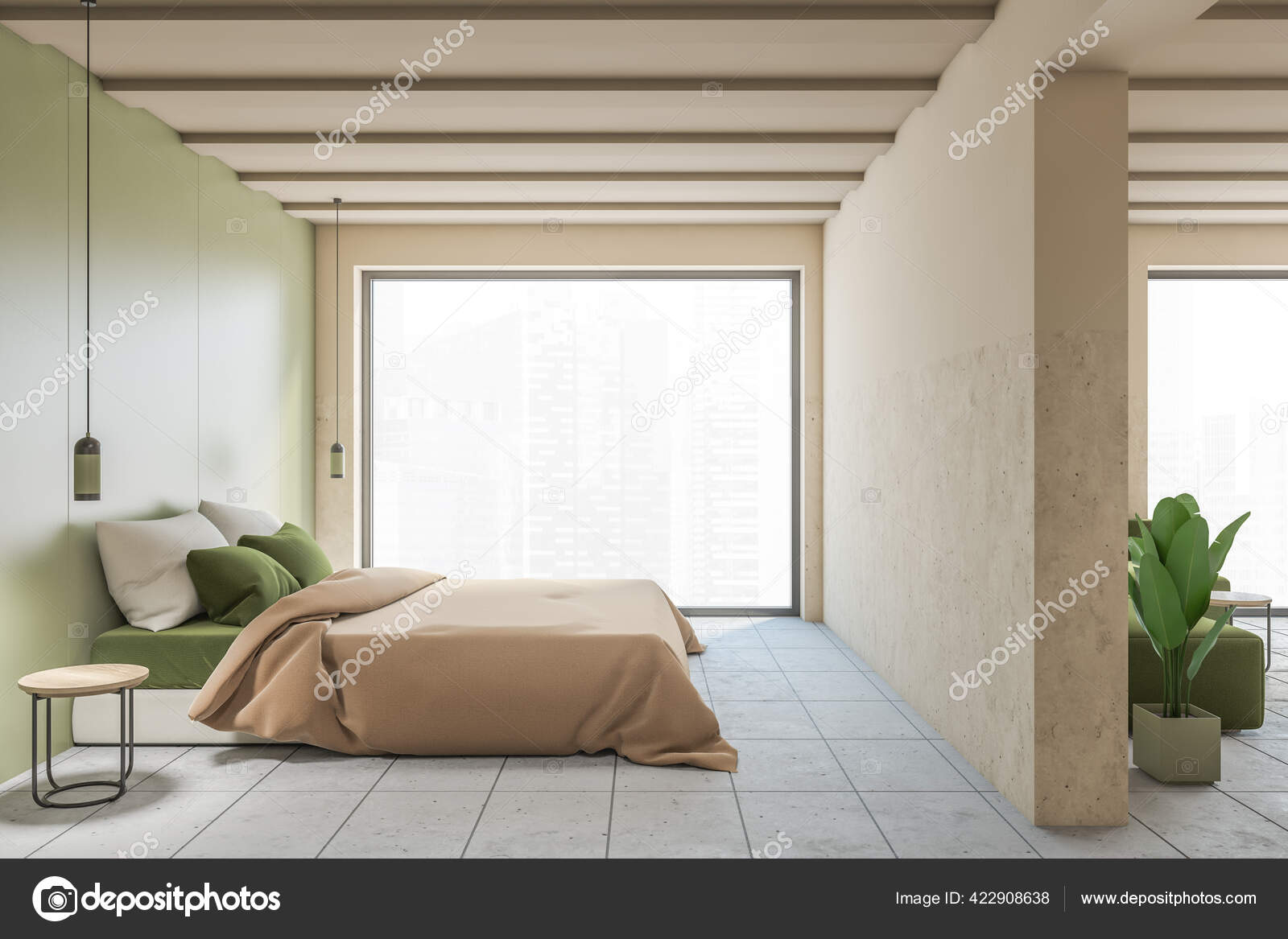 Side View Stylish Bedroom White Green Walls Tiled Floor Comfortable ...