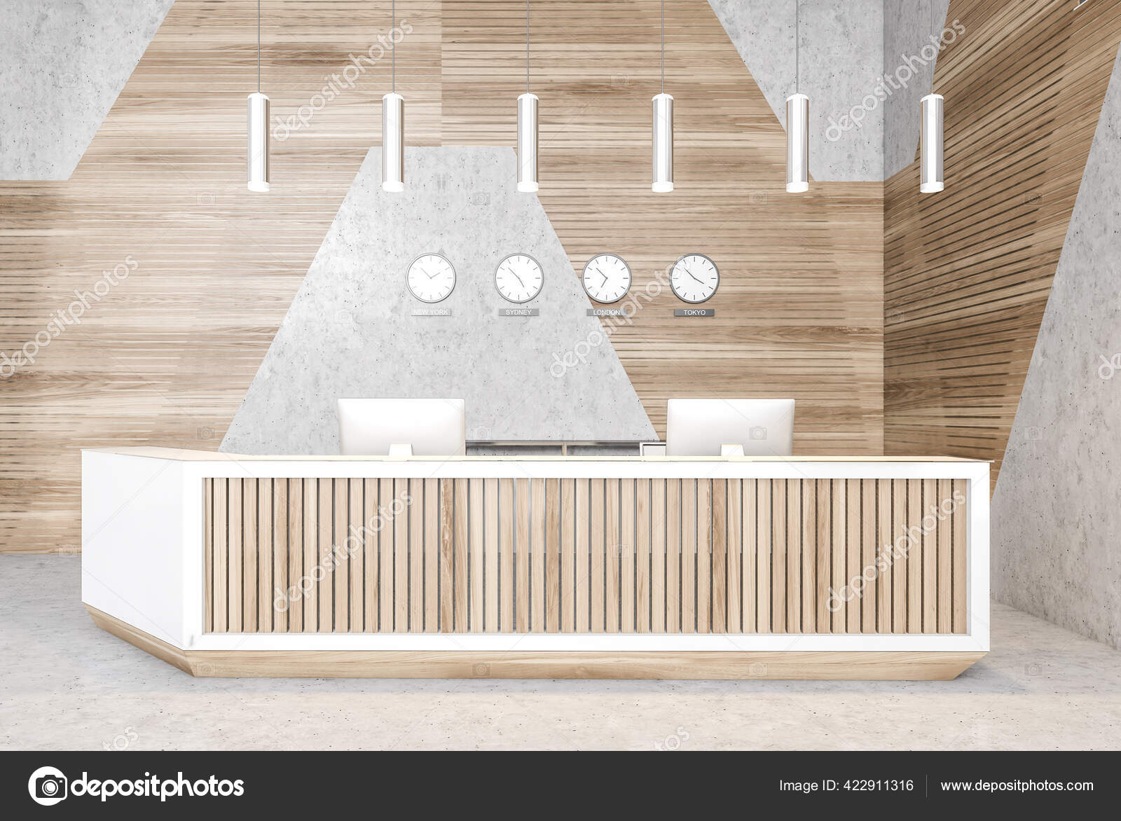 Recepción Hall Escritorio Con Dos Ordenadores Vista Frontal Lobby Sala ...