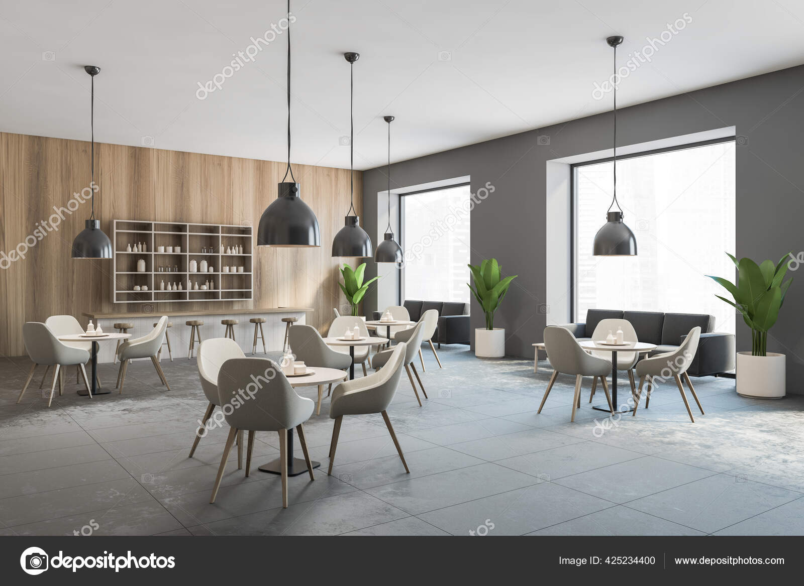Grey Cafe Interior Many Grey Chairs Wooden Tables Wooden Wall Stock ...