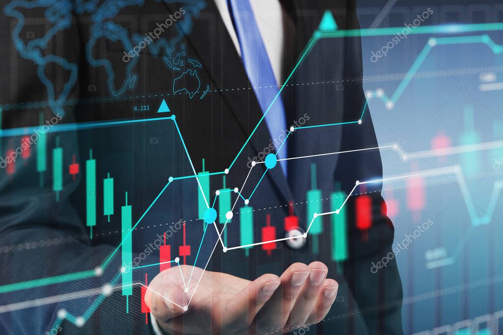 Mano de hombre de negocios mostrando mapa del mundo sobre fondo azul ...