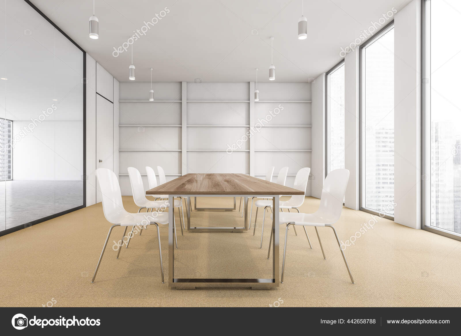 White Office Conference Room White Chairs Wooden Table Meeting Room ...