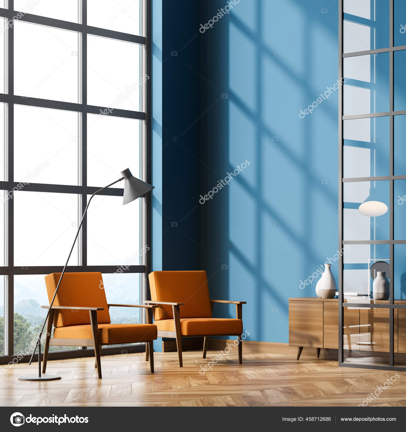 Corner View Living Room Interior Panoramic Window Oak Wooden Parquet ...