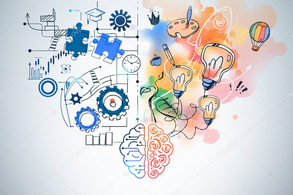 Dibujo cerebral con iconos de pensamiento creativo y analítico sobre ...