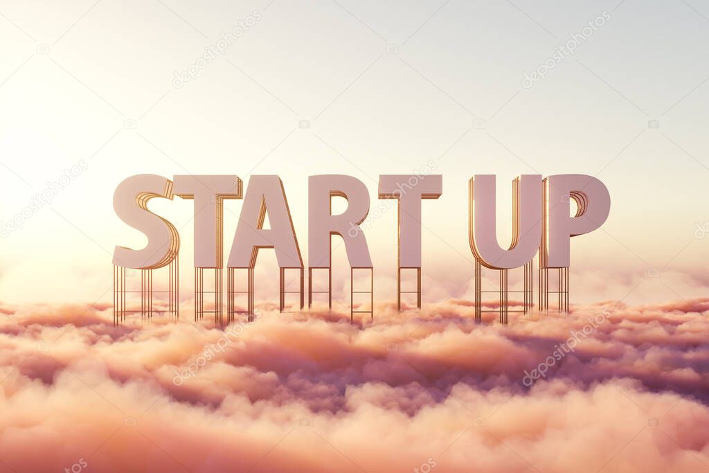 Gran letrero sobre nubes pastel rosadas. Firma de inicio en el cielo ...