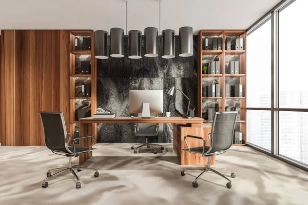 Wooden office manager room interior with table and desktop computer ...